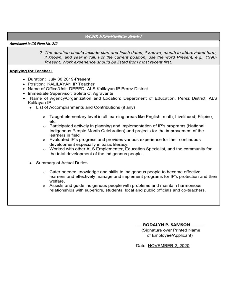 Work Experience Sheet T I RODALYN JOHNAN | PDF | Teachers | Learning