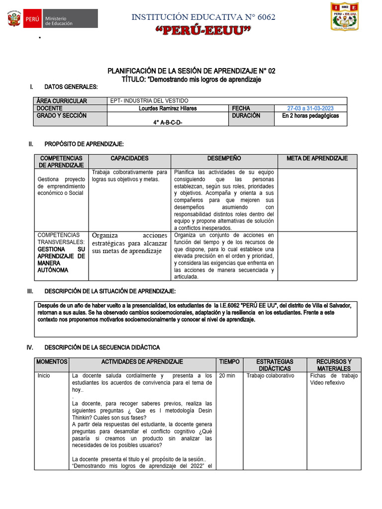 Sesión de Aprendizaje 02 - 2023 - Ept - 4to | PDF | Crecimiento personal y profesional
