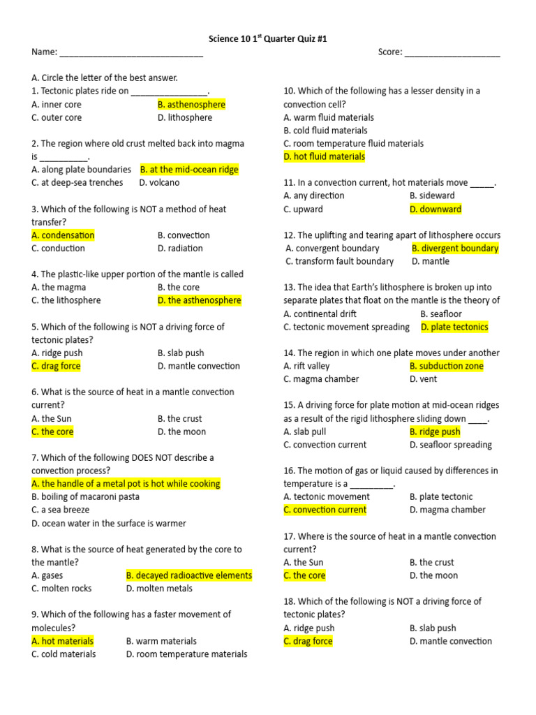 Science 10 1st Quarter Quiz 1 - Answer Key | PDF | Plate Tectonics ...