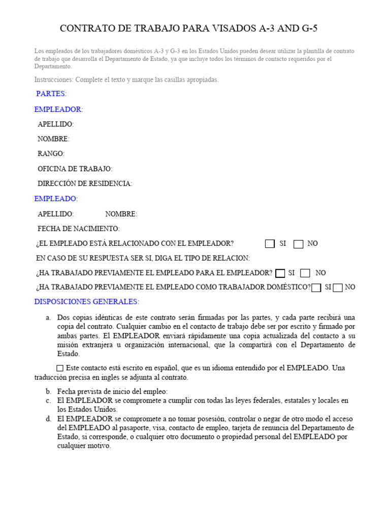 A-3 and G-5 Employment Contract Template (Spanish) | PDF | Derecho ...