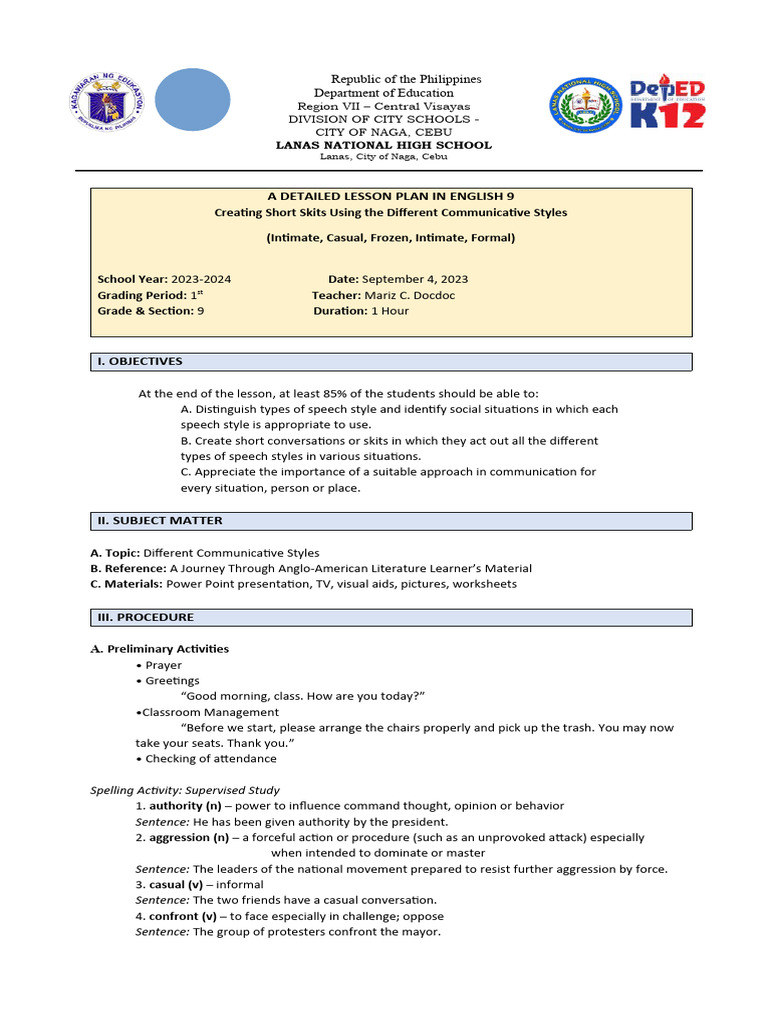 Grade 9 Lesson Plan Day 1 | PDF | Lesson Plan | Classroom Management