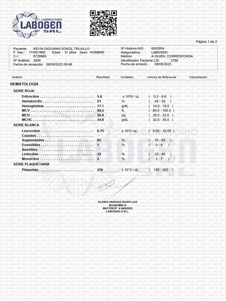 Análisis de Kevin Giovanni Sokol | PDF | Patologia clinica | Hematología