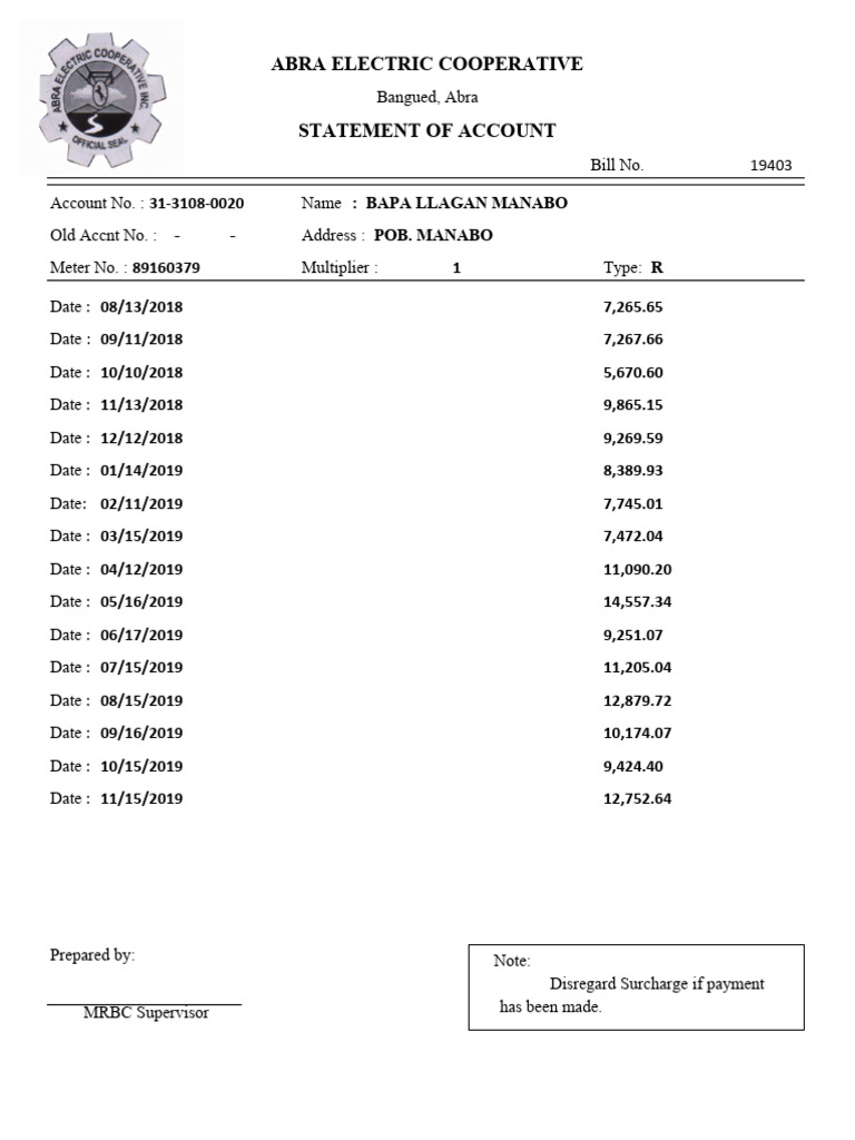 Abra Electric Cooperative Account Statement | PDF