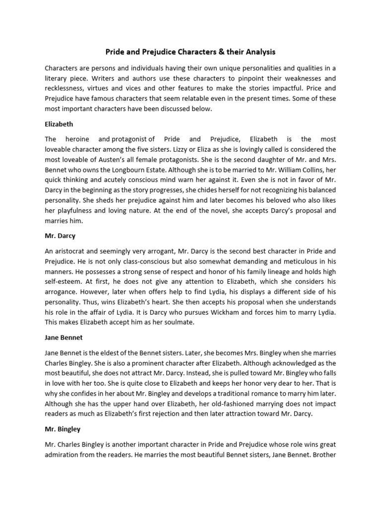 Character Analysis of Pride and Prejudice PDF | PDF | Pride And ...