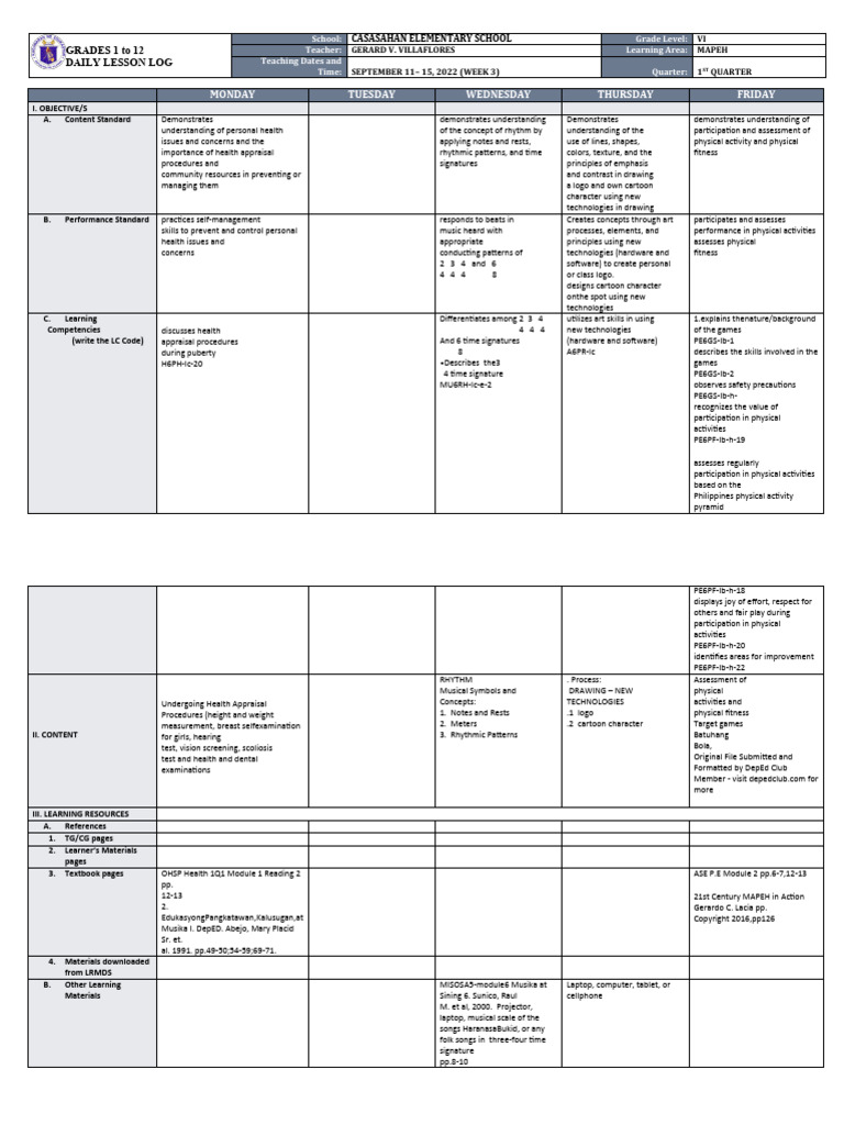 DLL - Mapeh 6 - Q1 - W3 | PDF | Learning | Teachers