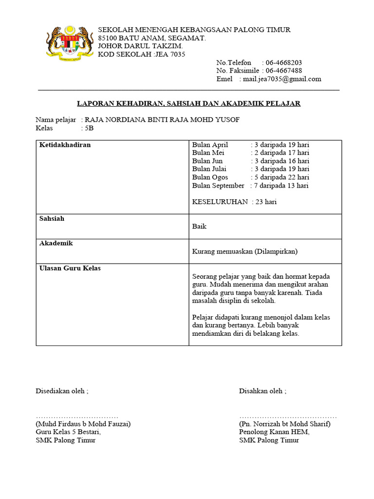 Laporan Kehadiran Sahsiah Dan Akademik Pelajar | PDF