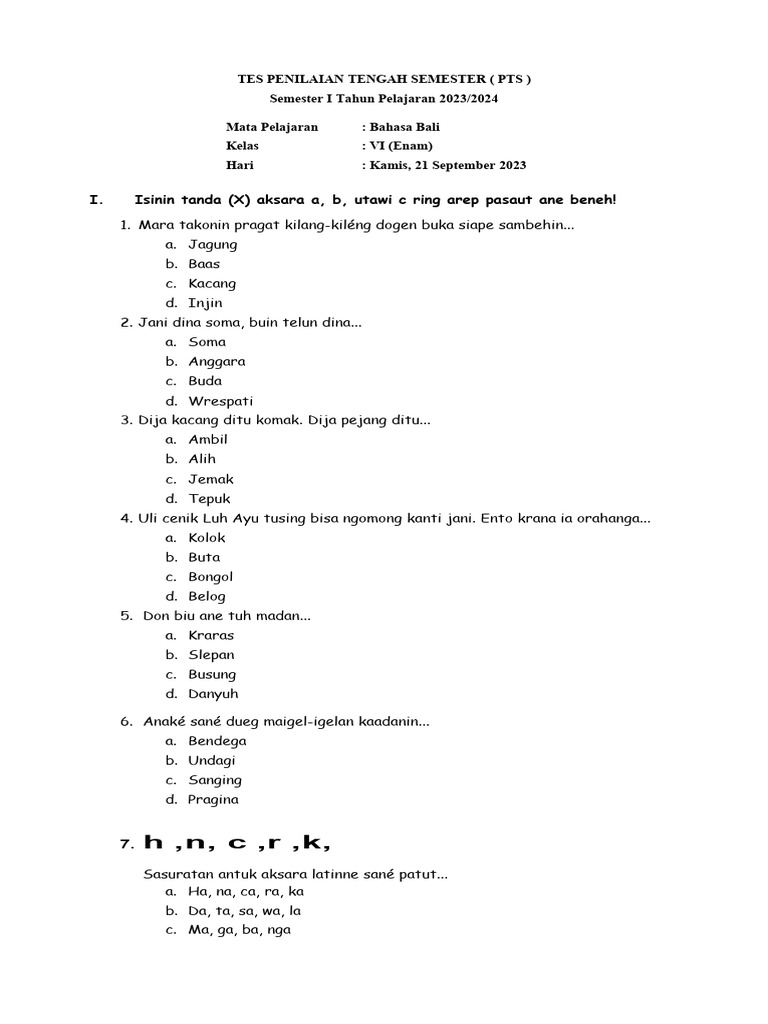 Soal PTS Bahasa Bali Kelas 6 | PDF