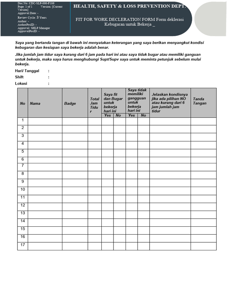CDC-SLP-000-F106 Fit For Work Declaration Form | PDF