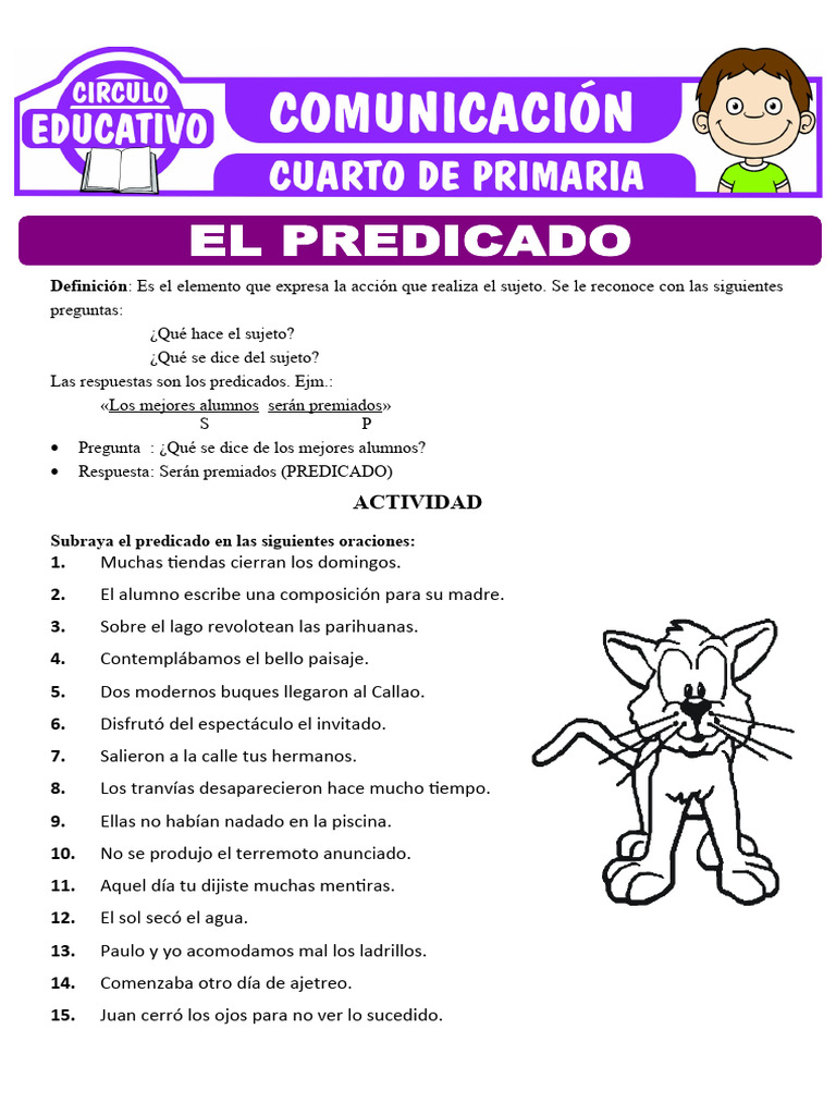 El Predicado y Su Clasificacion para Cuarto de Primaria | PDF
