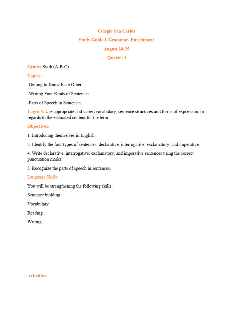 English - Grammar Study Guide 01 - Enrichment | PDF | Sentence ...