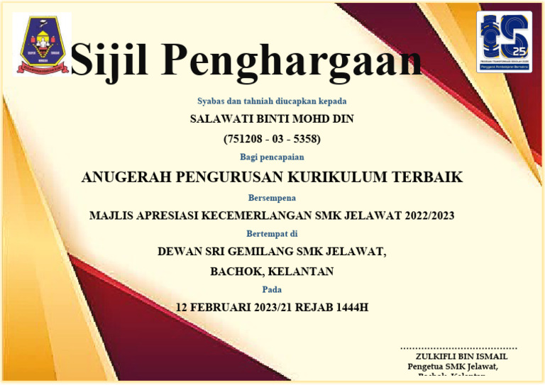 Sijil Anugerah Apresiasi 2023 | PDF