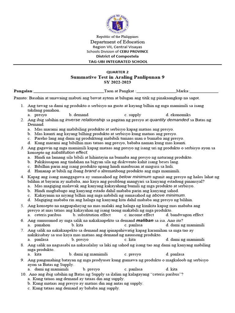 Ap - 9 - Tos-Answer Key | PDF