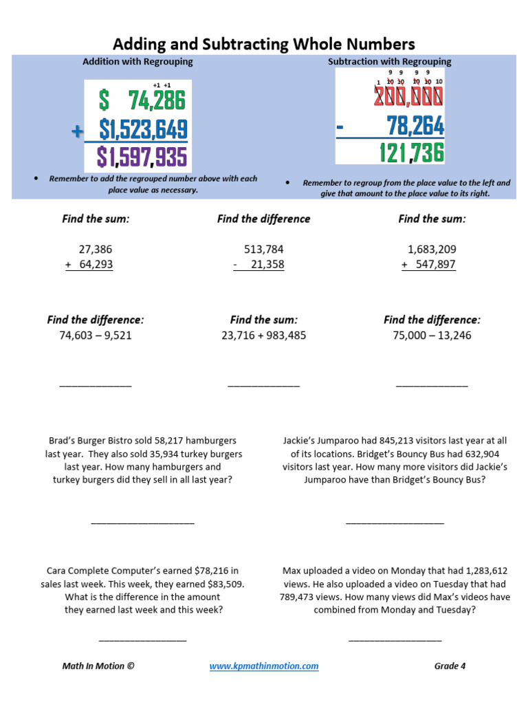 4th Grade - Adding and Subtracting Whole Numbers | PDF | Mathematics ...