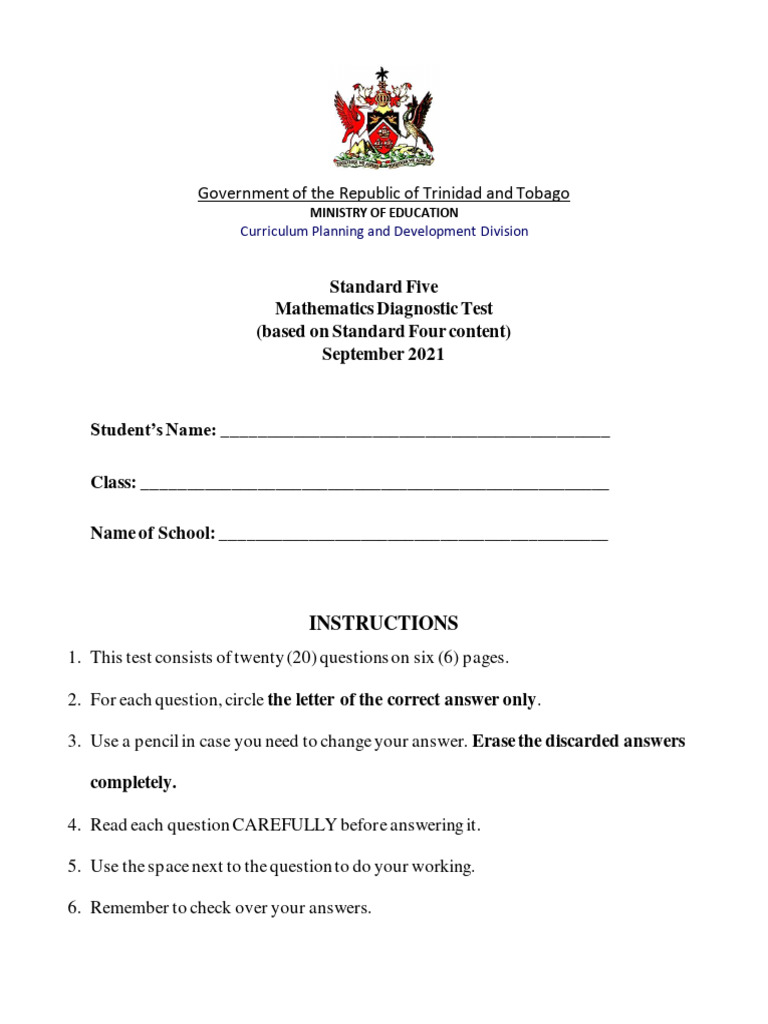 Standard Five Math Diagnostic Test 2021 | PDF | Rectangle | Euclidean ...