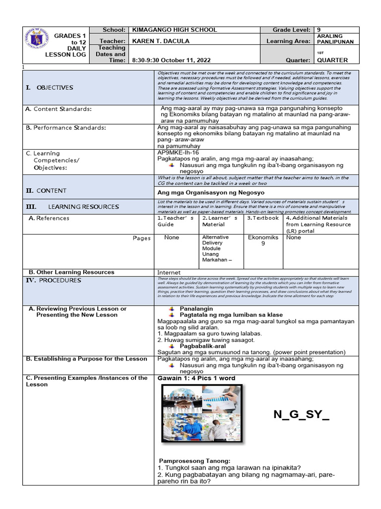 Daily Lesson Plan Oct. 11, 2022 | PDF