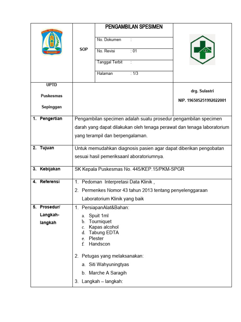 Sop Pengambilan Spesimen | PDF