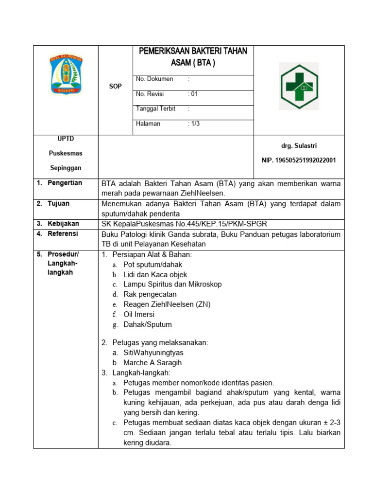 Prosedur Pemeriksaan BTA pada Sputum | PDF