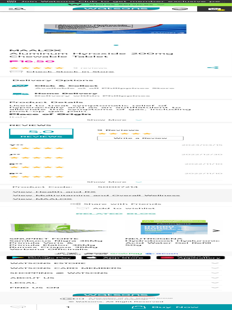 MAALOX, Aluminum Hyroxide 200mg Chewable Tablet Watsons Philippines | PDF