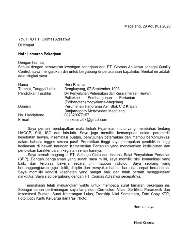 Surat Lamaran Pt. Ciomas Adisatwa | PDF