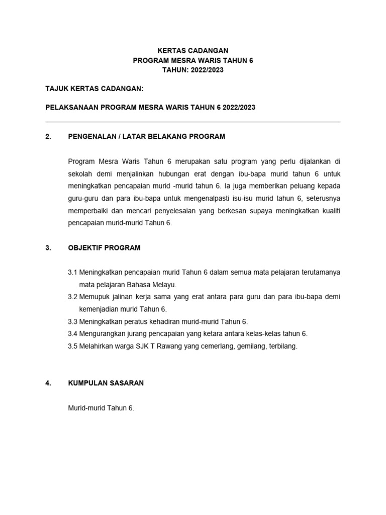 Kertas Cadangan Mesra Waris THN 6 | PDF