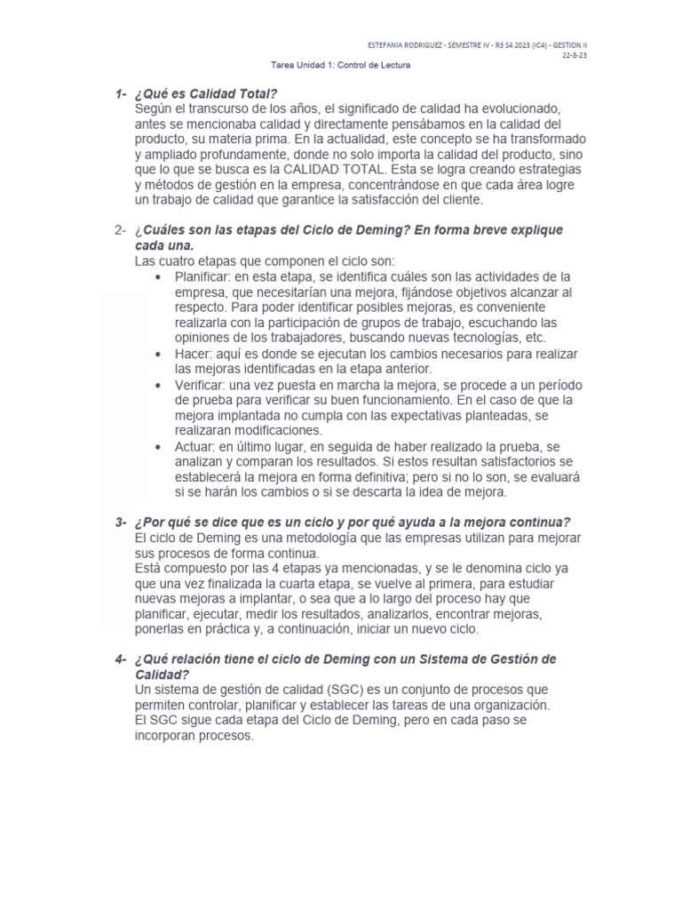 Tarea 1 - Control de Lectura Calidad | PDF | Calidad (comercial) | Economias