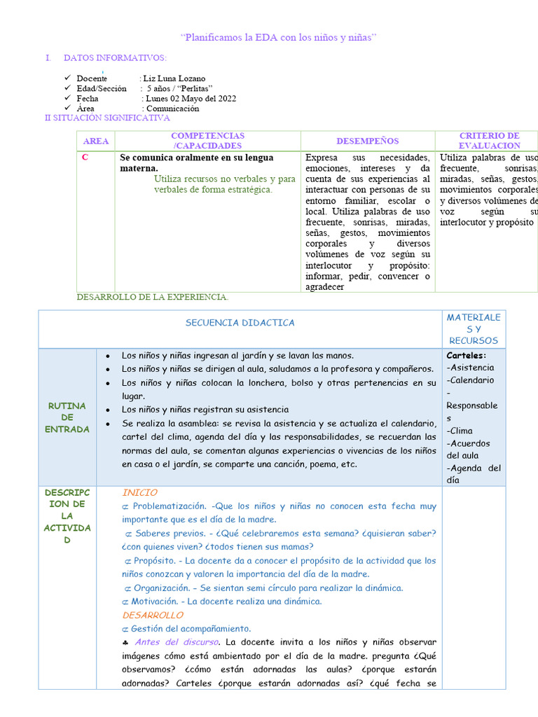 "Planificamos La EDA Con Los Niños y Niñas": Se Comunica Oralmente en Su Lengua Materna | PDF