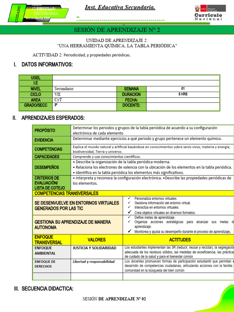 B-3º Ses Act 2-Cyt-Und 2 - Sem 2 | PDF | Tabla periódica | Evaluación