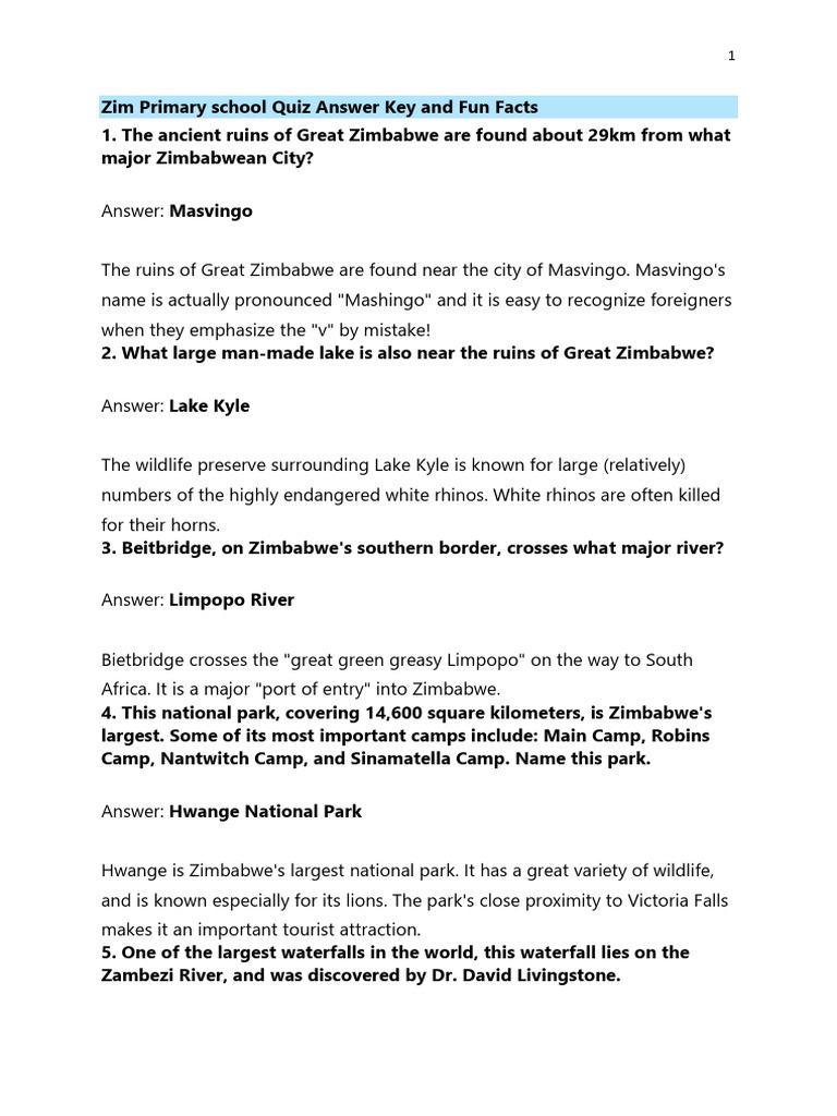 Quiz Answer Key and Fun Facts | PDF | Zimbabwe