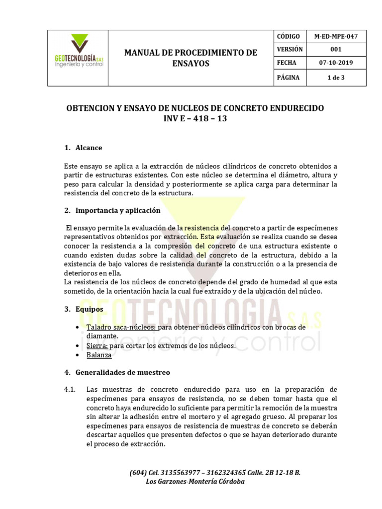 Manual de Procedimiento de Ensayos IV e 418-13 | PDF | Hormigón | Materiales