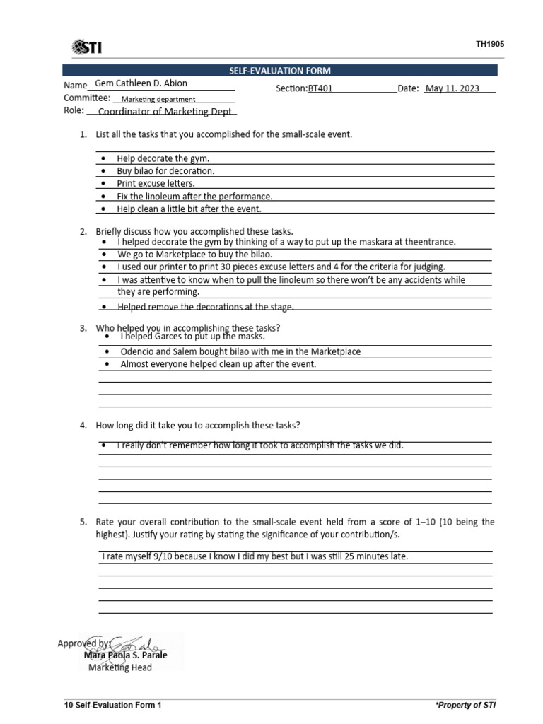 10 Self-Evaluation Form 1 TP ABION | PDF