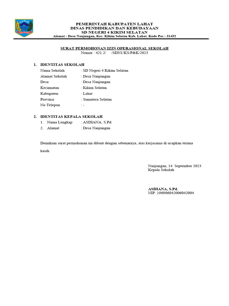 Surat Izin Operasional SD N 1 | PDF