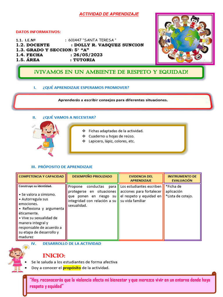Sesion de Aprendizaje Tutoria 26-05 | PDF