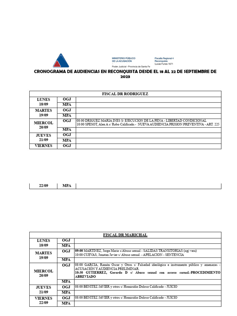 Cronograma de Audiencias en Reconquista Desde El 18 Al 22 de Septiembre ... Cronograma de Audiencias en Reconquista Desde El 18 Al 22 de Septiembre ...