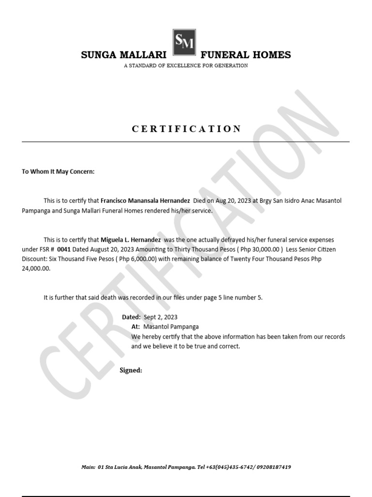 Funeral Service Certification - Sunga Mallari | PDF