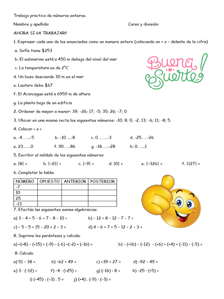Trabajo práctico de números enteros | PDF