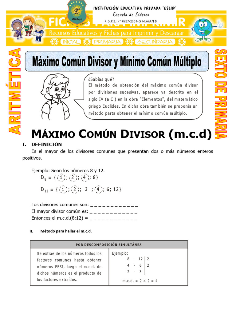 Máximo Común Divisor Y Mínimo Común Múltiplo Para Sexto De Primaria Pdf Multiplicación Álgebra