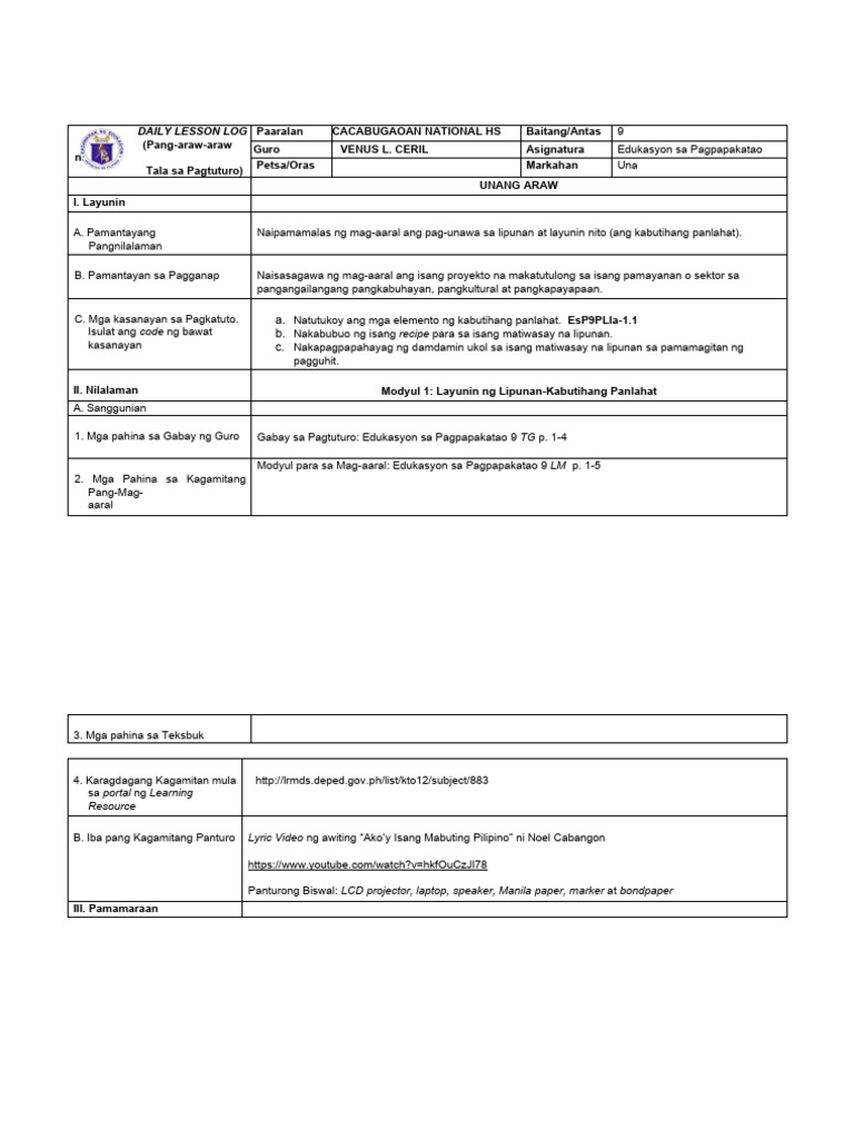 DLL Esp G9 Q1 W1 and W2 | PDF