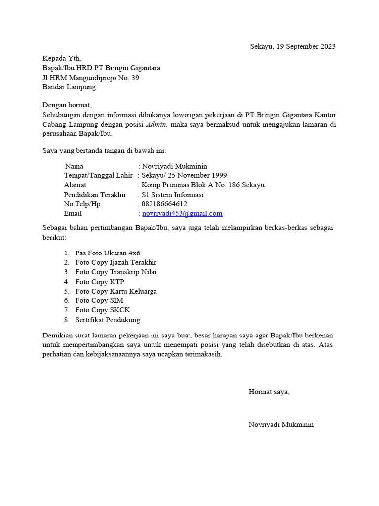 Surat Lamaran BGI | PDF