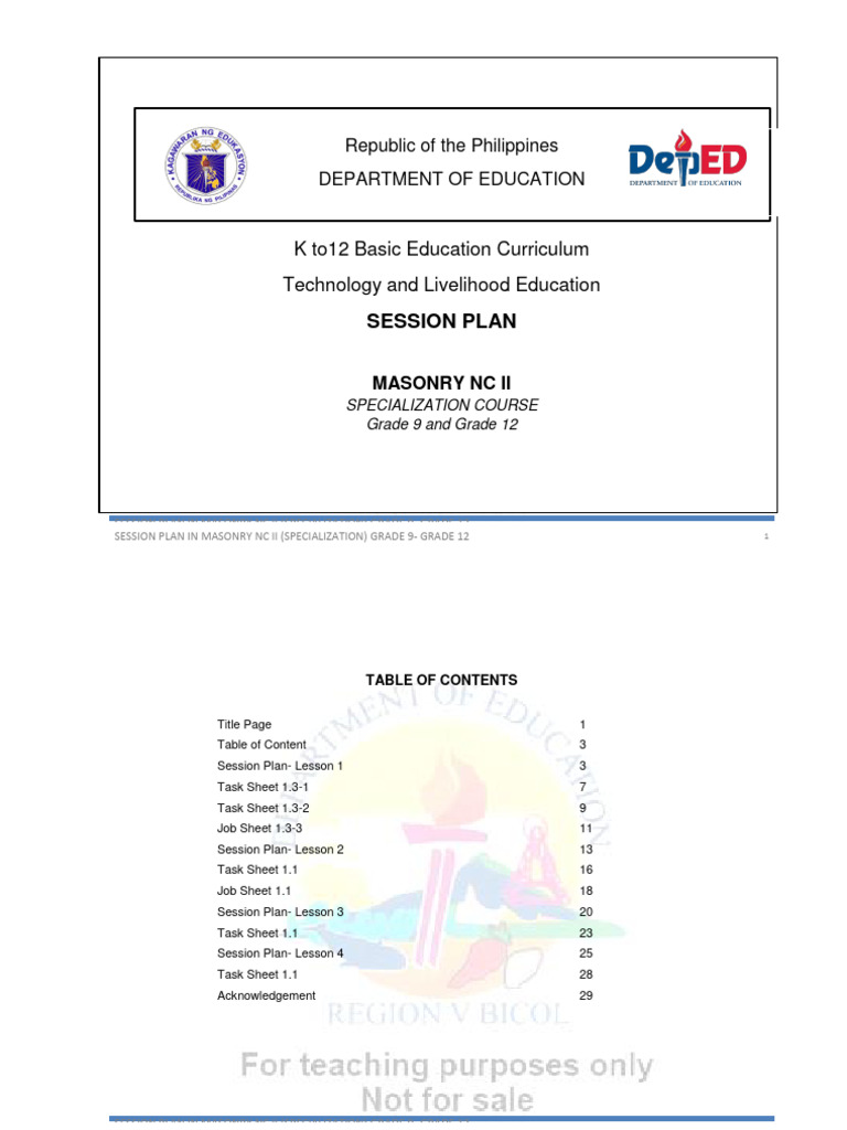 Grade 9 - 12 MASONRY SESSION PLANS | PDF | Concrete | Masonry
