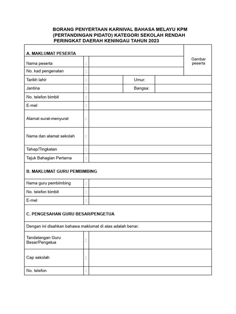 Borang Penyertaan Karnival Bahasa Melayu Daerah Keningau 2023 | PDF