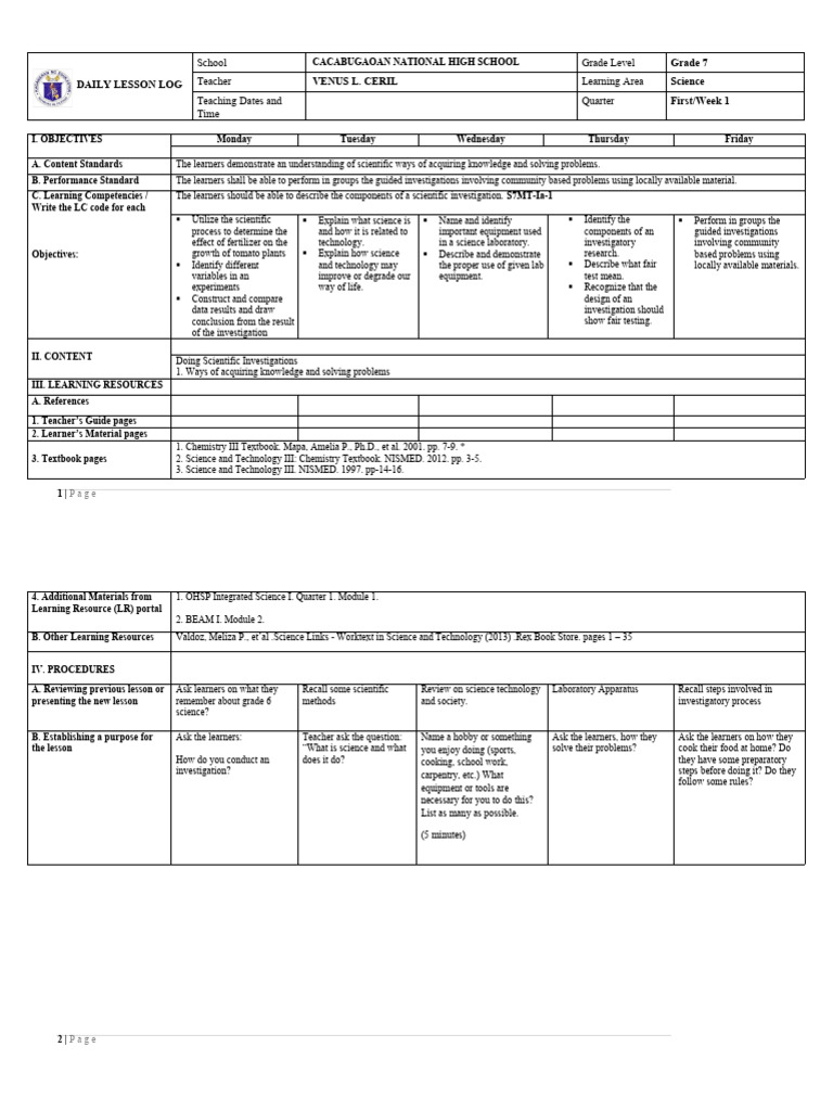 Grade 7 Science Daily Lesson Plan | PDF | Learning | Science