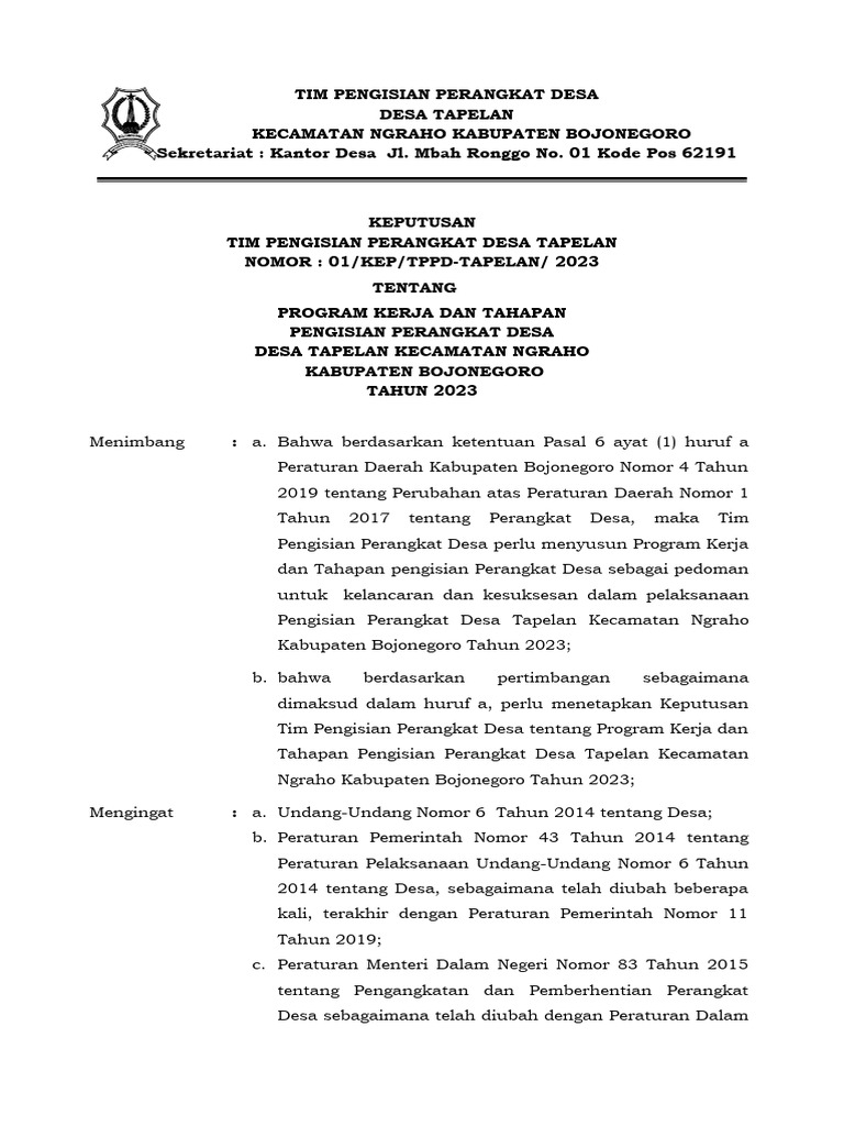 Program Kerja Dan Tahapan Pengisian Perades | PDF