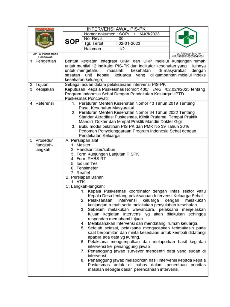 Sop Intervensi Awal Pispk | PDF
