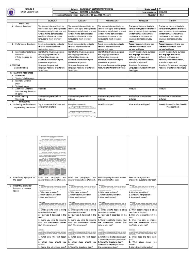 DLL - ENGLISH 4 - Q1 - W4 - Identify The Structure, Purpose and Language Features @edumaymay ...