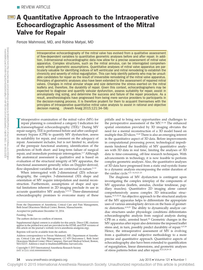 A Quantitative Approach To The Intraoperative Echocardiographic Assessment of The Mitral Valve ...