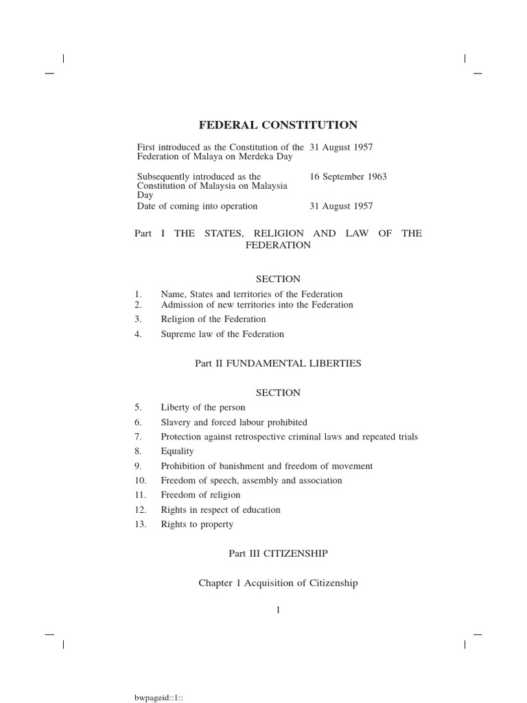 Malaysia Federal Constitution Overview | PDF | Government Institutions ...