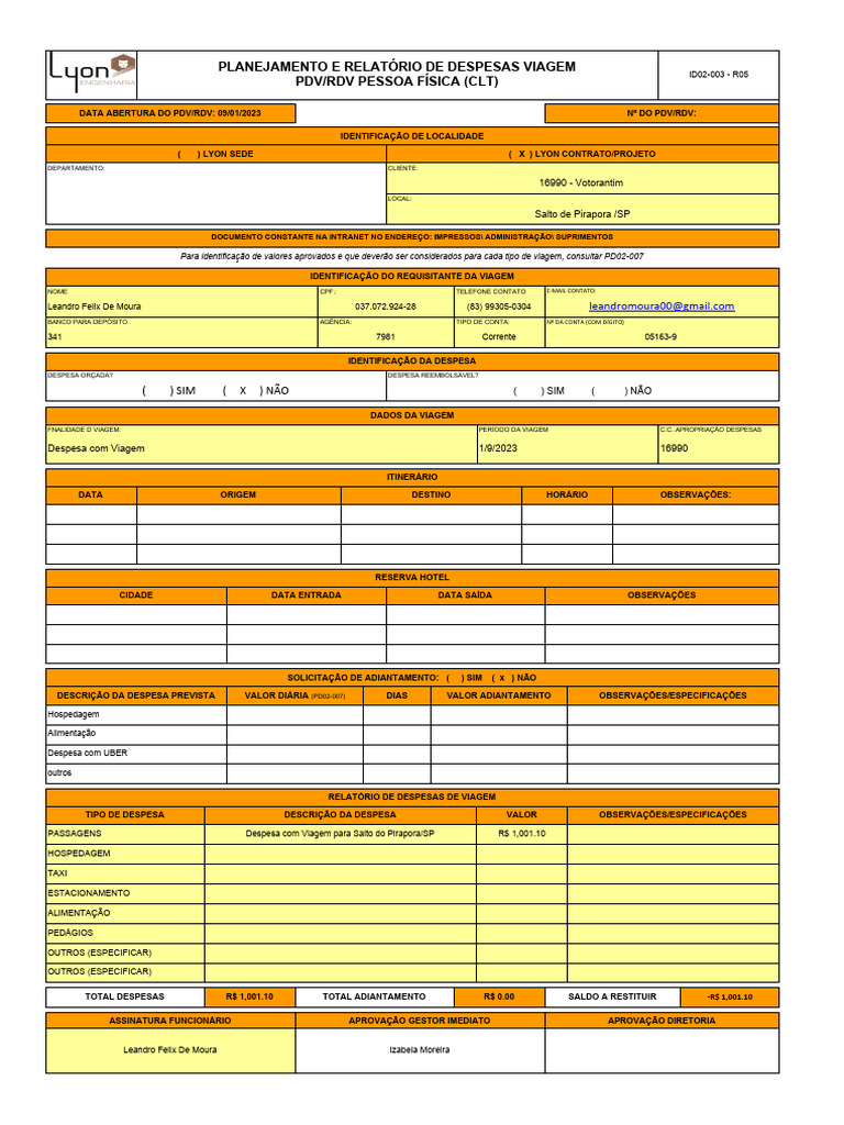 LYON - Formulario RDV - Leandro Felix de Moura | PDF