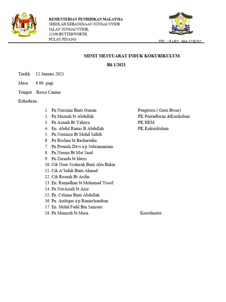 Minit Kokurikulum Bil1 2021 | PDF
