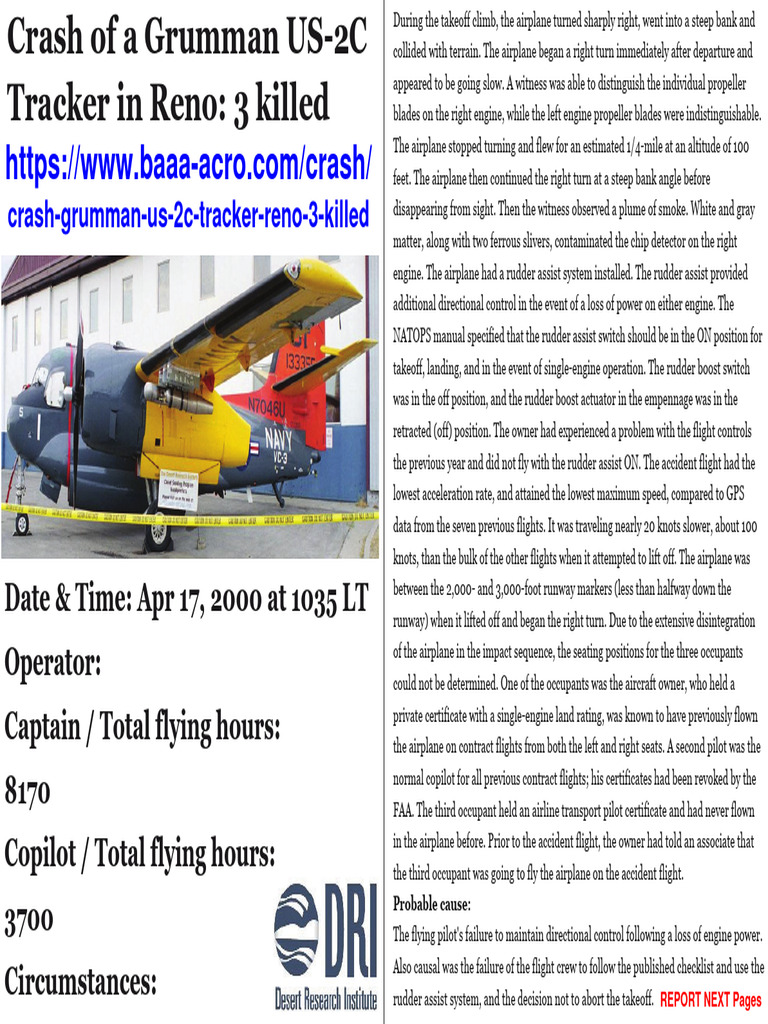 Crash of A Grumman US-2C Tracker in Reno & N7046U PRN pp6 | PDF ...