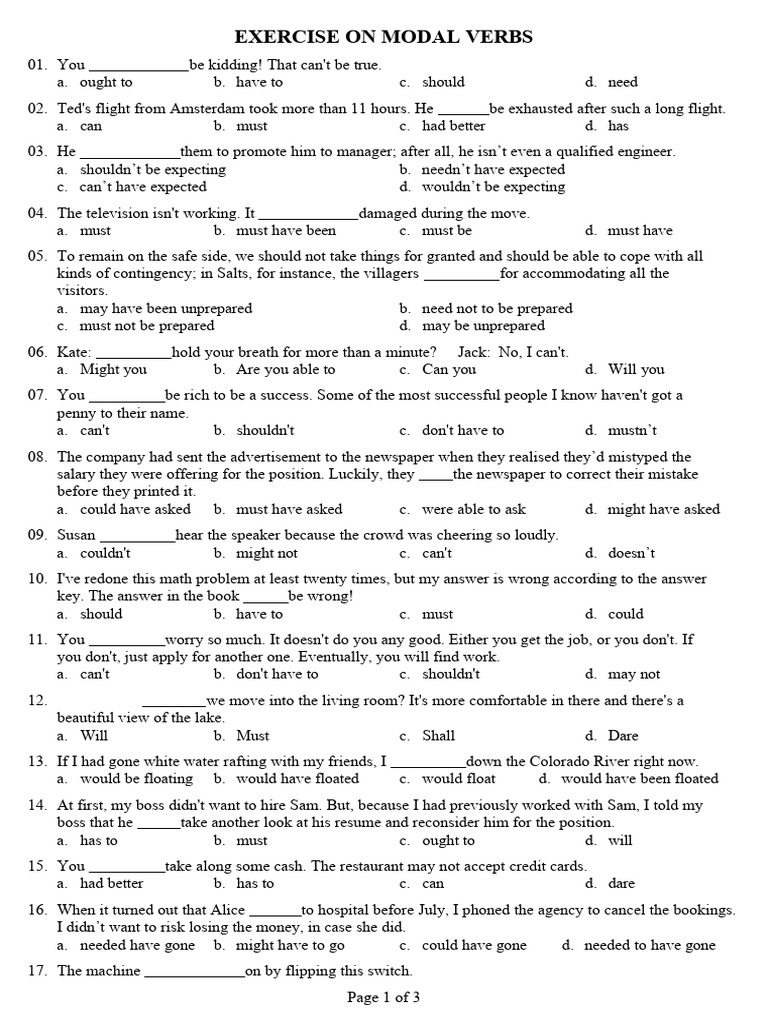 Modal Verbs Exercise Questions | PDF